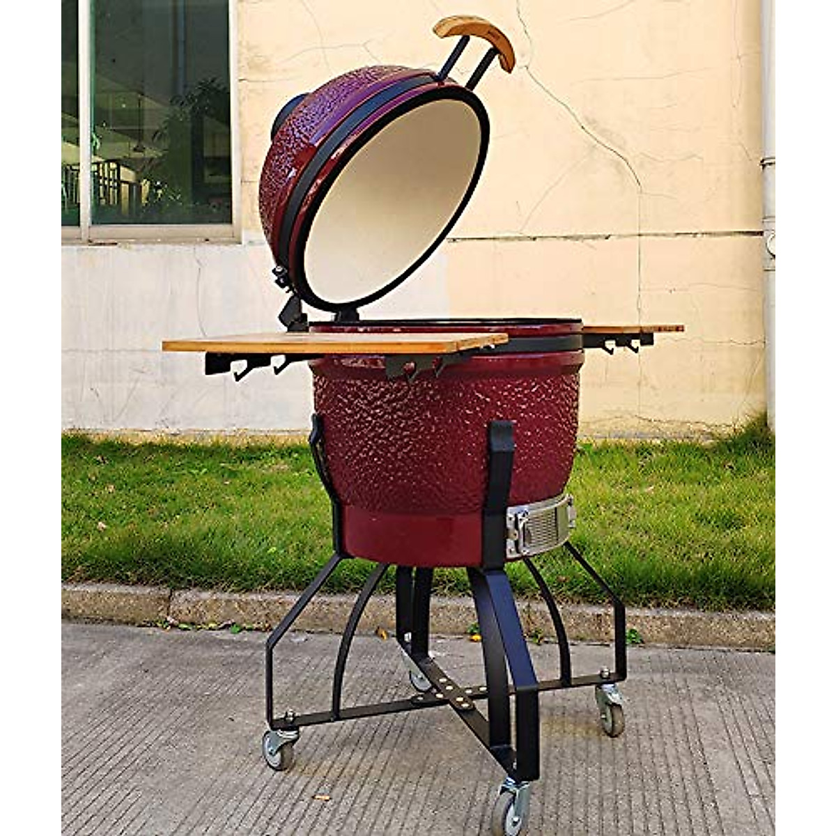 RJMOLU 21" Big BBQ Grill, Smoker, Roaster and Grill with 2 Foldable Wooden Side Shelves, Multifunctional Ceramic Barbecue Grill for Picnic Garden Terrace Camping Travel