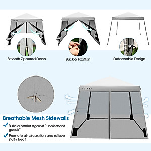 Tangkula 10x10 Ft Pop Up Canopy with Netting, Slanted Leg Outdoor Canopy with Roller Bag, 4 Sand Bags, 8 Stakes, 4 Ropes, Instant Canopy Tent with Easy Set-up Center Lock for Patio (Grey)