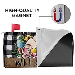 FBCOO Welcome Easter Bunny Rabbit Mailbox Cover Magnetic Standard Size 21" x 19", Eggs Buffalo Plaid Check Decorative Post Letter Box Wrap Decor Funny Farmhouse Garden Yard Outdoor Decoration