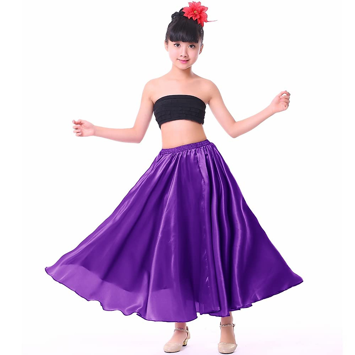 Girls Satin Full Long Skirt for Circle Belly Dance Folkloric Mexican Performance Prom Photoshoot (as1, Age, 5_Years, 7_Years, Purple)