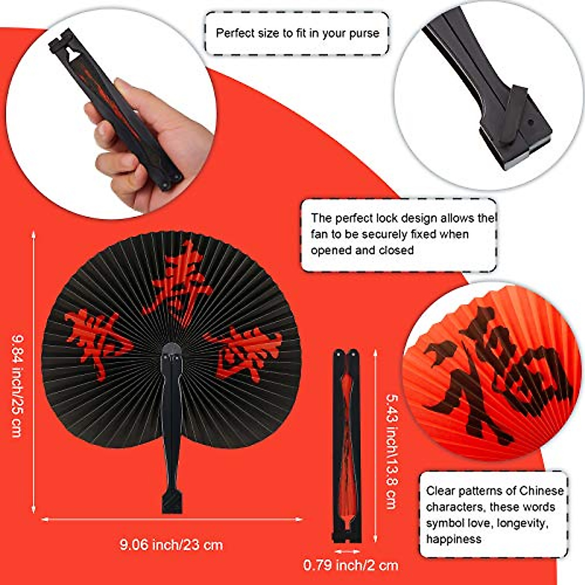 10 Pieces Chinese New Year Fans Chinese Character Folding Fan Oriental Handheld Paper Fans Japanese Round Fan for Wedding Birthday Party Supply Decoration (Traditional Style)