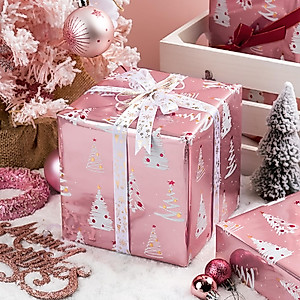 Burymento Christmas Wrapping Paper Roll, Pink Gift Wrap Paper with Grid Lines for Christmas，Metallic Foil Shiny Wrapping Paper - 17 Inches x 32.8 Feet 1 Roll Christmas Trees