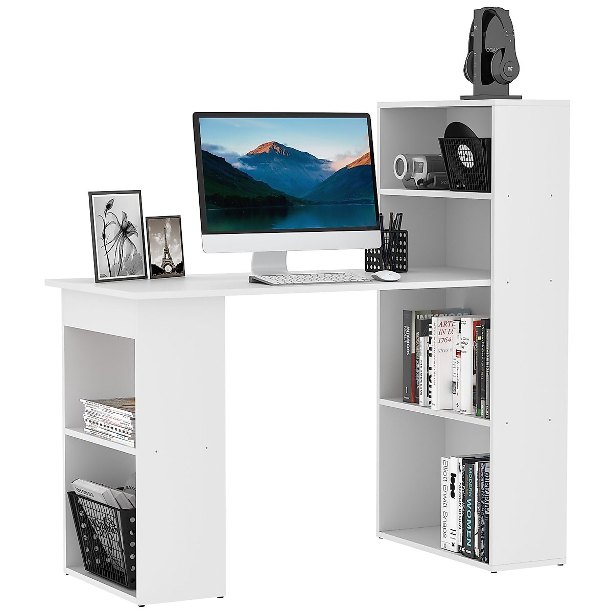 HOMCOM Modern Home Office Desk with 6-Tier Storage Shelves, 47" Writing Table with Bookshelf, White