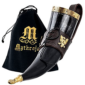 Mythrojan THE BIRD OF PREY Viking Drinking Horn with Brown Leather holder Authentic Medieval Inspired Viking Wine/Mead Mug – Polished Finish