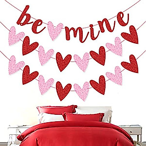Valentine's Day Bunting Banners Red Glittery Be Mine Banner and Red Pink Glittery Heart Garland Banner No DIY Wedding Engagment Anniversary Bachelorette Party Home Decorations