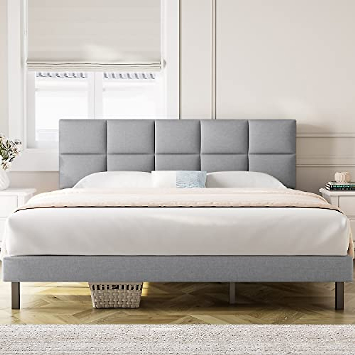 Molblly King Size Bed Frame Upholstered Platform with Headboard, Strong Frame and Wooden Slats Support, Linen Fabric Wrap, Non-Slip and Noise-Free,No Box Spring, Easy Assembly, Light Grey