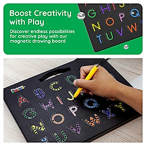PicassoTiles 2-in-1 Magnetic Drawing Board Toy 12x10 inch Large Magnet Bead Tablet Pad with 2 Facings Alphabets STEM Educational Erasable & Reusable Learning Writing Playboard in Black PTB03
