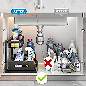 Statiem Under Sink Organizer, 2-Tier Under Sink Organizers and Storage Stainless Steel Drill-Free Rustproof Pull Out Cabinet Organizer for Bathroom Kitchen Organizers and Storage