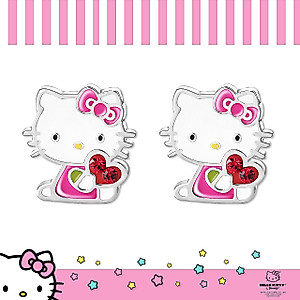 Hello Kitty Stud Earrings for Women Official License, Silver Flash-Plated Hello Kitty Earrings with Ruby Red Crystal Heart