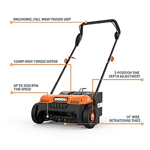 WORX WG850 12 Amp 14 Inch Corded Electric Dethatcher, Black