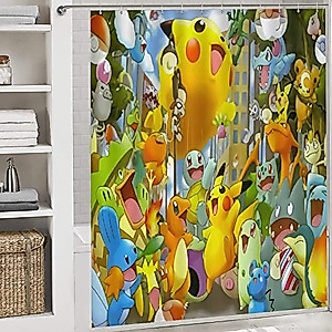 𝐏𝐨𝐤.𝐄𝐦𝐨𝐧 𝐆𝐎 Bathroom Sets,Kids Bathroom Decor Shower Curtain Set,Cartoon Shower Curtain with Anime Rugs& U-Shaped Floor Mat + Toilet Seat Cover Accessories 72"x72"
