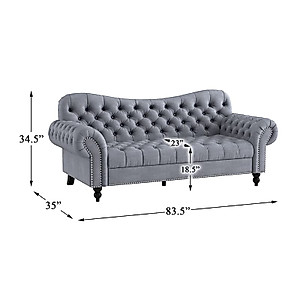 Pemberly Row 84" Velvet Roll Arm Sofa with Tufted Nailhead Upholstery, 3 Seater Fabric Couch Furniture for Home Living Room, Dark Gray