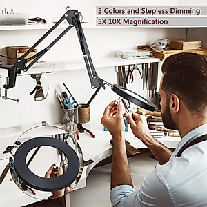 5X & 10X Magnifying Glass with Light and Stand, KIRKAS 2-in-1 Stepless Dimmable and 3 Color Modes LED Magnifying Desk Lamp, 10X Ultra-high Magnification Glass Lens for Precision Machinery Repair-Black