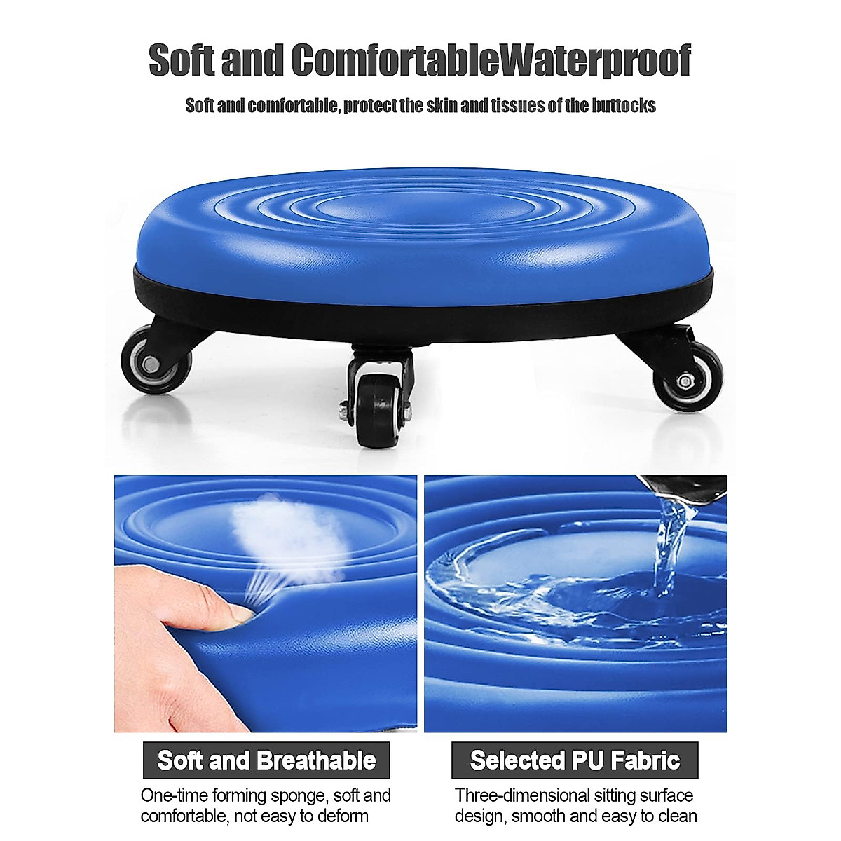 Lanstics Low Roller Seat Wheel Stool Chair PU Leather Rolling Stool Seats on Wheels for Home Office Fitness Round Roller Seat Stool (Blue)