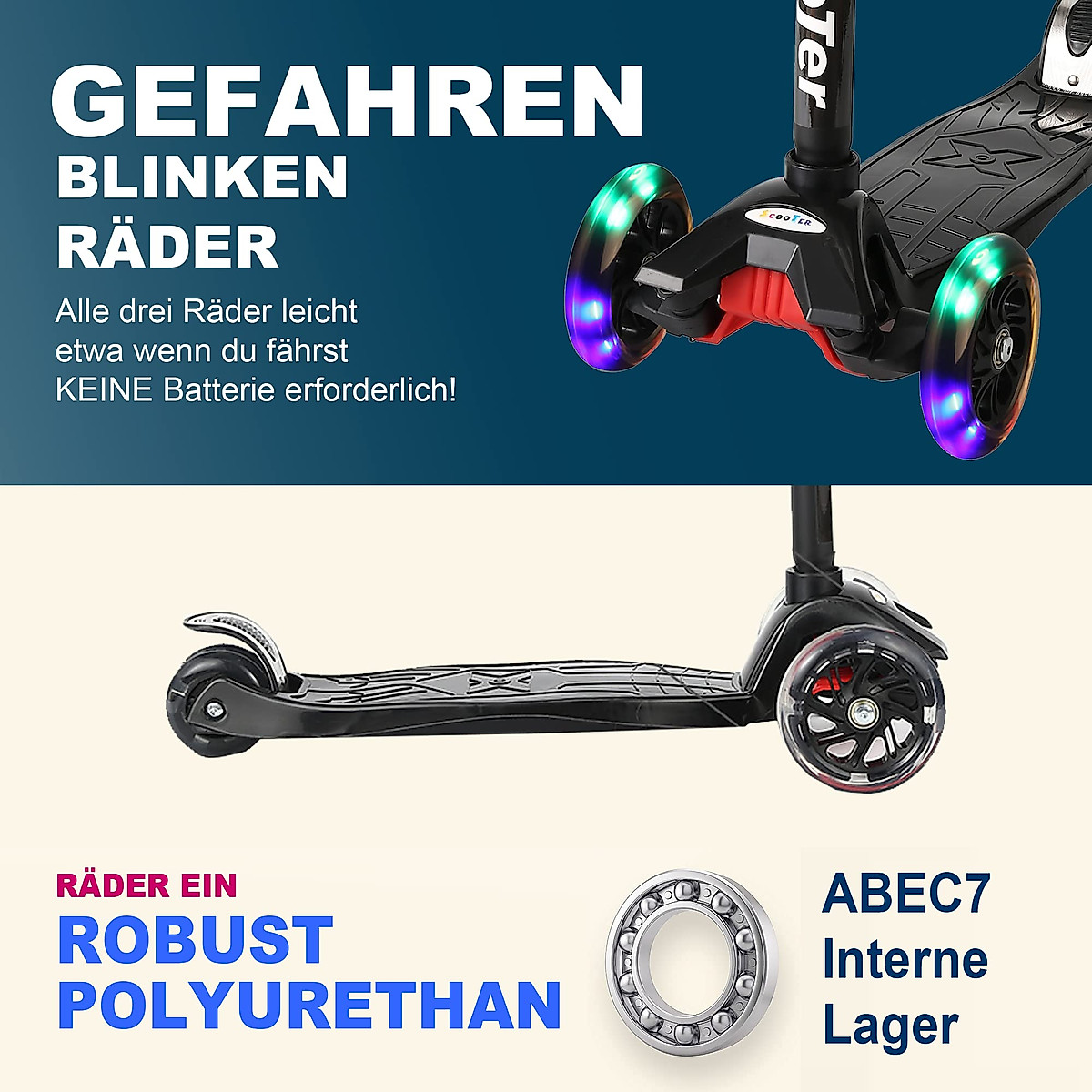 Scooter for Kids 3 Wheels scooter Kids Scooter 4 Adjustable Height Lean to Steer Extra-Wide Deck Kids Scooter with LED Light Up Wheels Toddlers Girls & Boys from 3 to 12 Year-OldLearn to Steer