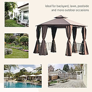 Outsunny 13' x 13' Patio Gazebo, Double Roof Hexagon Outdoor Gazebo Canopy Shelterwith Netting & Curtains, Solid Steel Frame for Garden, Lawn, Backyard and Deck, Coffee