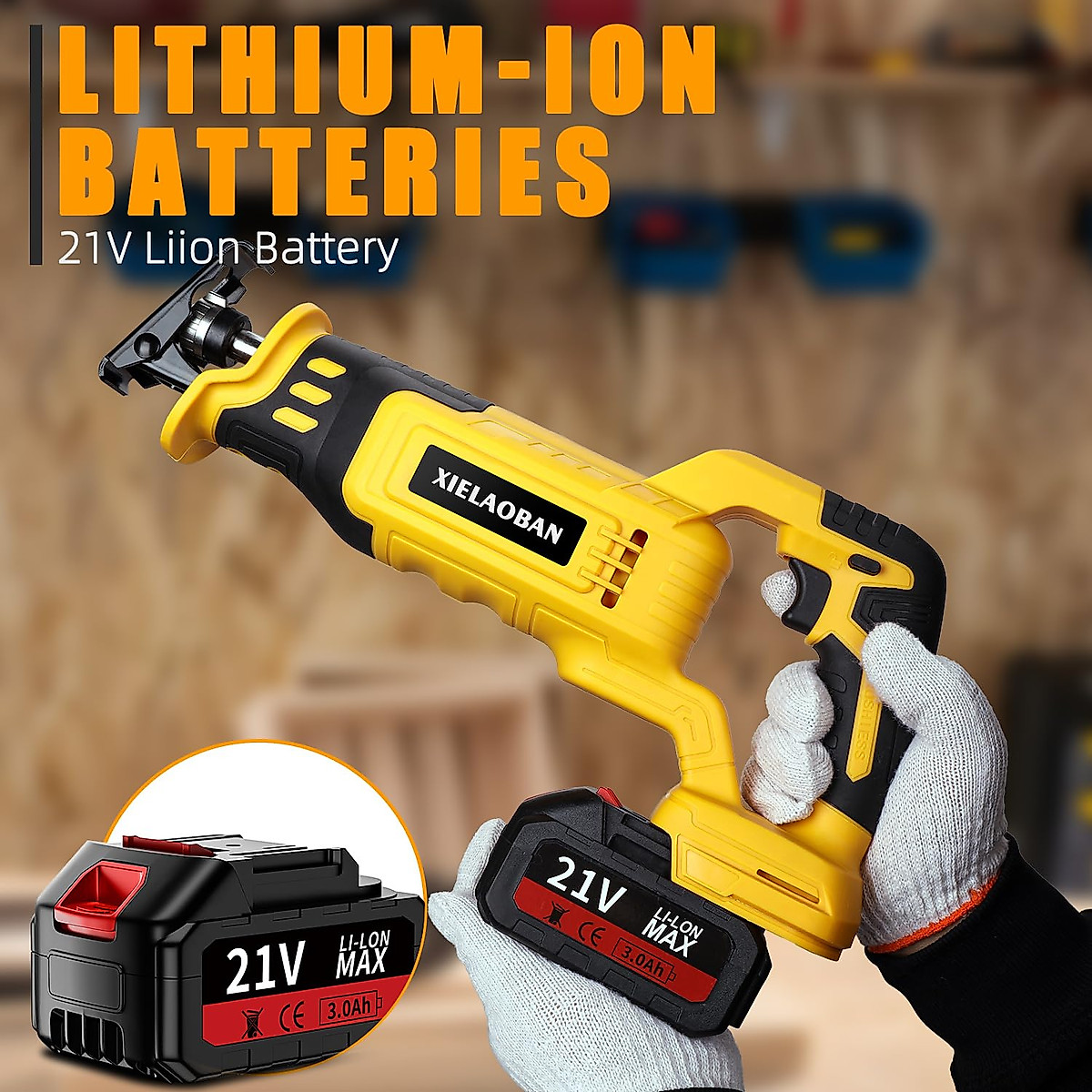 XIELAOBAN Sawzall, Cordless Electric Reciprocating Saw, 3000 SPM 3 Speed Adjustment with 4 Blades for Wood, Metal, Plastic,Including 2pcs 21V/3.0Ah Li-Ion Battery With Fast Charger