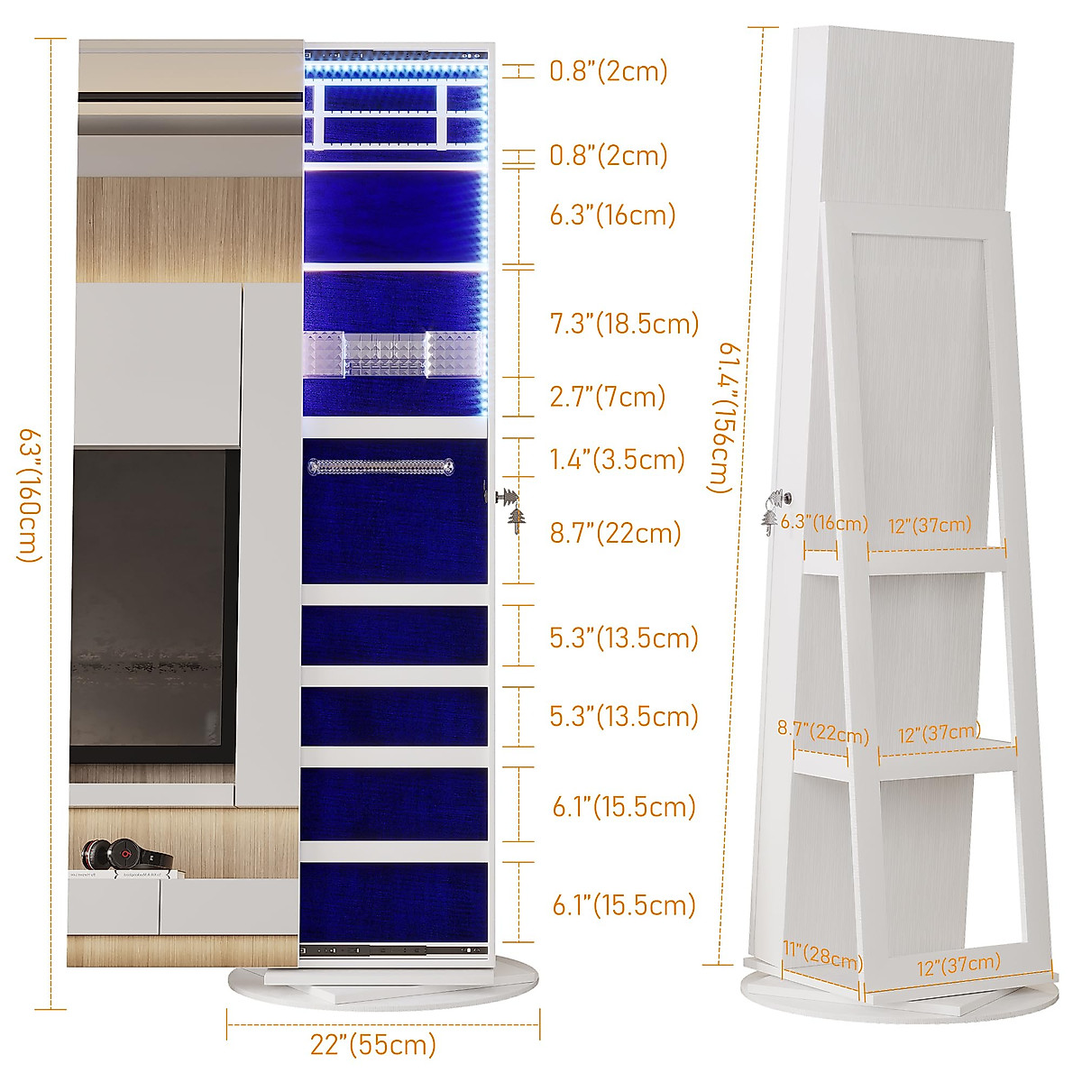 LVSOMT 360° Swivel Jewelry Mirror Cabinet with Lights, Standing Jewelry Armoire Organizer, 63" Rotatable Full-Length Mirror with Jewelry Storage, Lockable with Back Storage Shelve, White