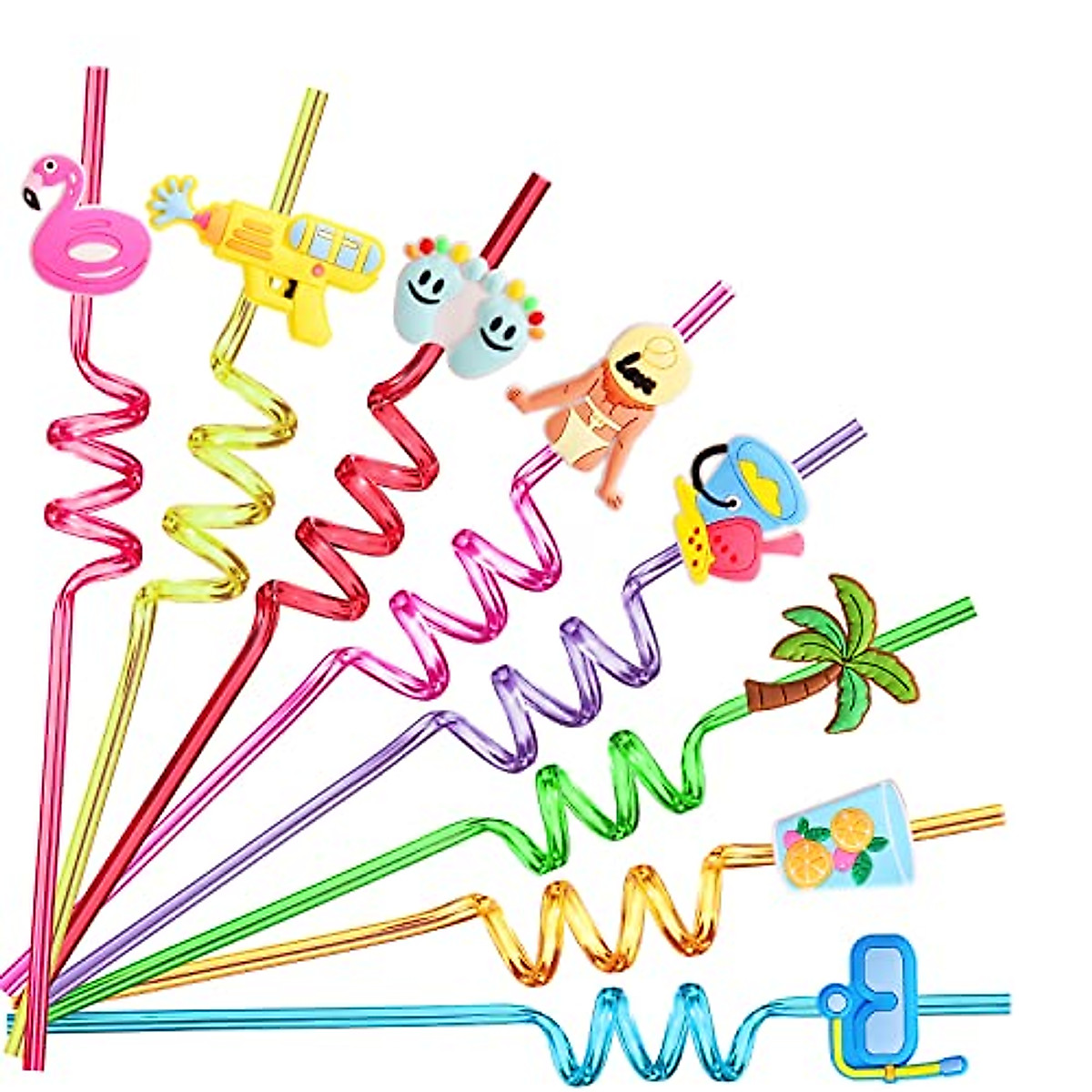 24 Summer Party Favors Reusable Drinking Straws for Kids Beach Pool Summer Birthday Party Supplies Decorations with 2 PCS Cleaning Brushes