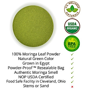 U.S. Wellness Naturals Moringa Powder 1LB (16Oz) 100% Certified Organic| 100% Pure Moringa Leaf NO Stems| - Raw from India | Smoothies | Drinks | Tea | Recipes - Resealable Bag