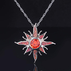 CiNily Created Orange Fire Opal Orange Garnet Rhodium Plated Women Jewelry Gemstone Pendant Necklace 1 1/4"