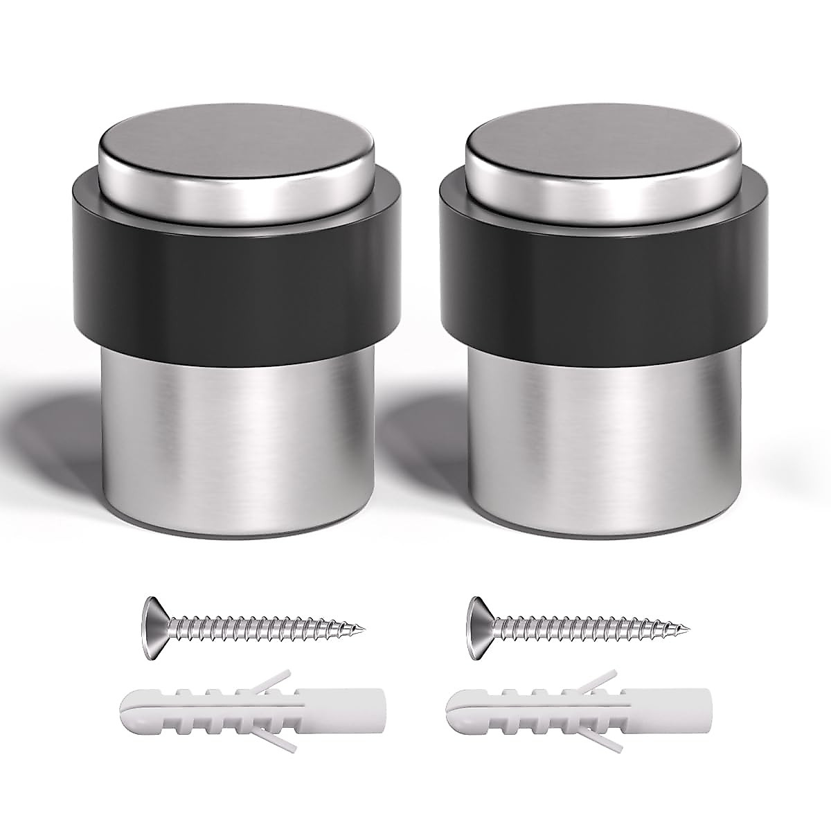 SANATO Nickel Cylindrical Floor Mounted Stainless Steel 304 Door Stop Door Stopper with Black Rubber, 2 Pack