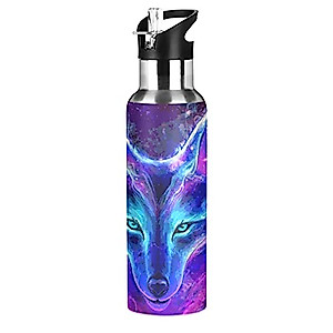 Wolf Galaxy Water Bottle Kids Thermos Bottle with Straw Lid Wolf Print Galaxy Insulated Stainless Steel Water Flask for Sport Gym Outdoor 20 oz