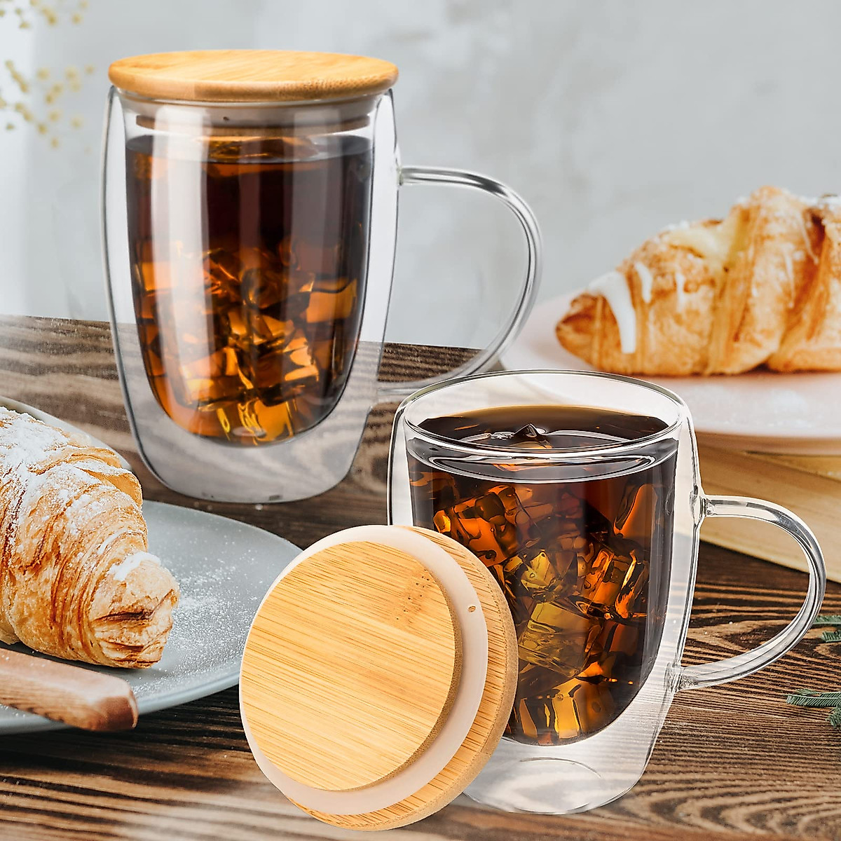Eccliy 4 Pcs 12oz Glass Coffee Mugs with Bamboo Lids Insulated Double Walled Glass Coffee Cups Clear Tea Mug Glass Tea Cups with Handles for Hot or Iced Coffee Milk Tea Beverage Cappuccino Latte