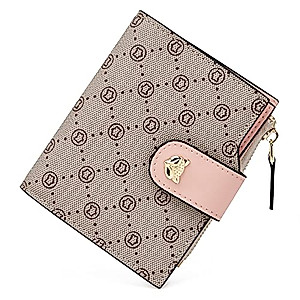 FOXLOVER Small Wallets for Women, Faux Leather Ladies Cute Zipper Purses Wallet with ID Window Credit Card Holders Gift Box Packing Womens Signature Monogram Wallets (Grey+pink)