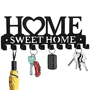 RELBRO Key Holder Wall Mounted, Black Metal Key Holder for Wall Decorative Home Key Rack Hooks Key Hanger with 10 Hooks for Entryway Doorway Hallway Office 2 Installation Ways 10.27'' x 3.62''