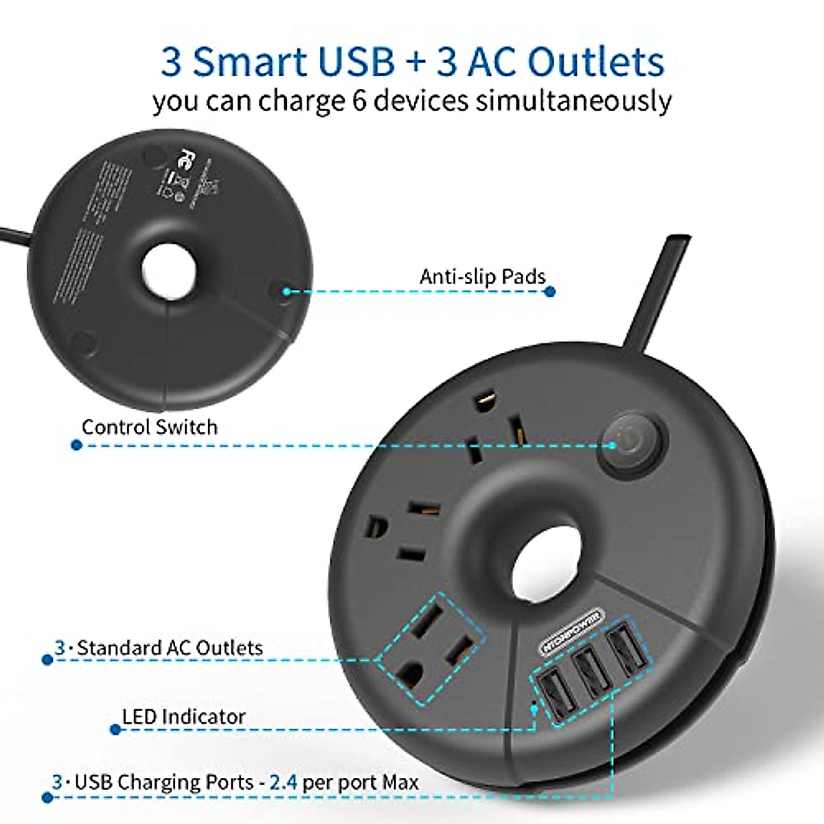 Power Strip with USB Ports Bundle, NTONPOWER Portable Desktop Charging Station with 3 Outlets 3 USB, 5 ft Extension Cord and 25 ft Extension Cord, Compact for Home, Office, Dorm Room, Cruise, Black