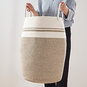 OIAHOMY Laundry Hamper Woven Cotton Rope Large Clothes Hamper 25.6" Height Tall Laundry Basket with Extended Cotton Handles for Storage Clothes Toys in Bedroom, Bathroom, Foldable (Yellow variegated)