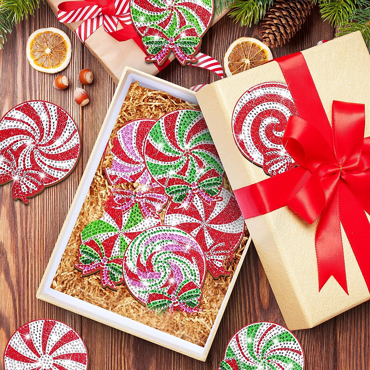 YLOLUL 10 Pcs Christmas Candy Diamond Art Coasters Kits DIY Candy Diamond Art Coasters with Holder for Beginners Adults and Kids Art Craft Supplies Gift
