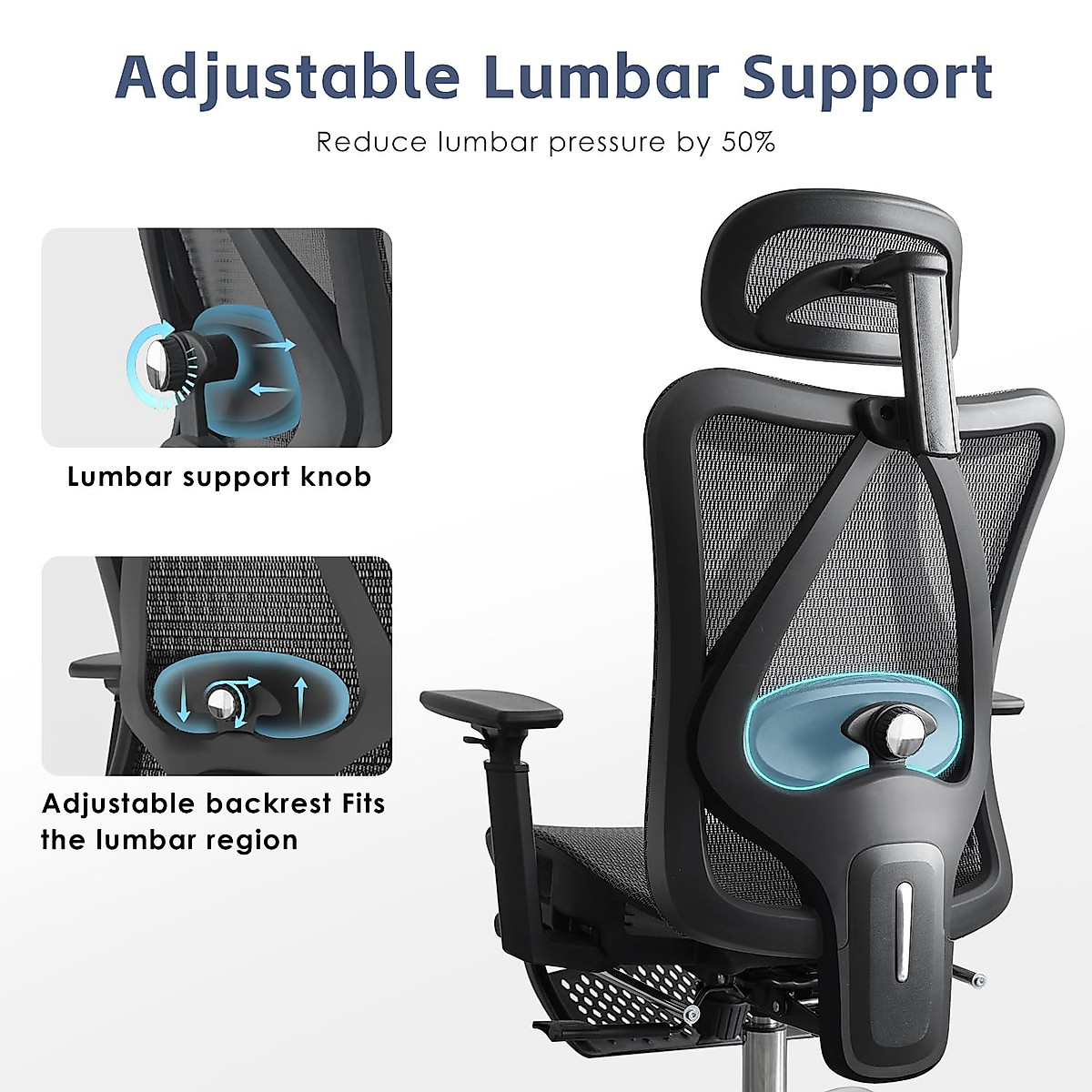 DFLIVE Ergonomic Office Chair, SGS Certified Gas Cylinder, 400 LBS Capacity, Retractable Footrest, Office Chair with Adjustable Lumbar Support, Gaming Chair, Mesh Office Chair