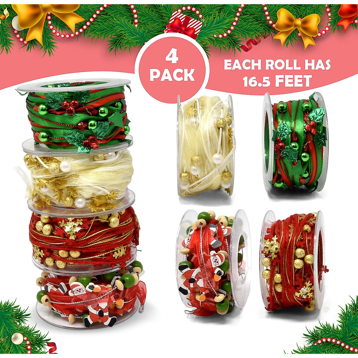 Gift Boutique 4 Xmas Beads Ribbon Rolls Xmas Tree Trim Rope 16.5 Feet Pearl String Bead Ribbon 66 Feet Total for Garland Bow Wreath Gift Wrapping & Packaging Crafts Ornament Wedding Party Craft Décor