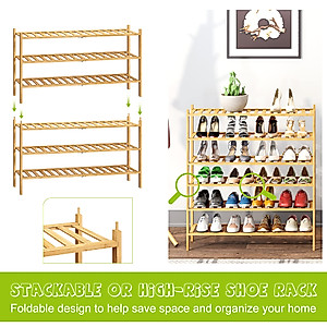 BMOSU 3-Tier Bamboo Extended Shoe Rack Premium Stackable Shoe Shelf Storage Organizer for Hallway Closet Living Room Entryway Organizer (Natural Bamboo)