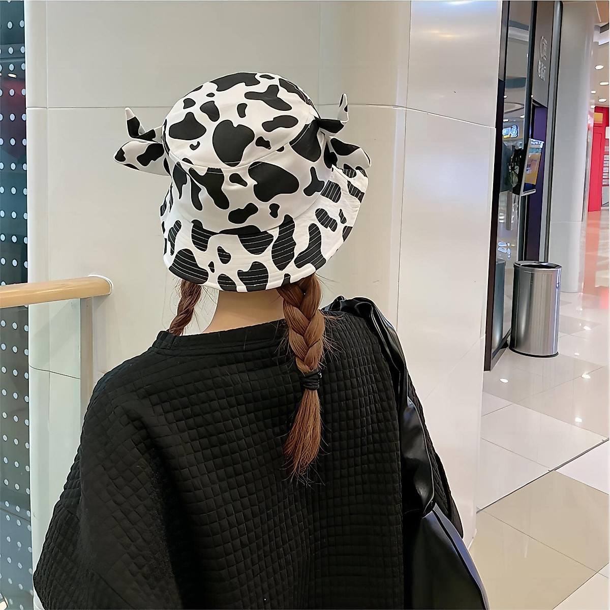 Cow Print Bucket Hat with Cute Horn Ears Cow Print Summer Beach Sun Hat Fisherman's Cow Bucket Hat (White)