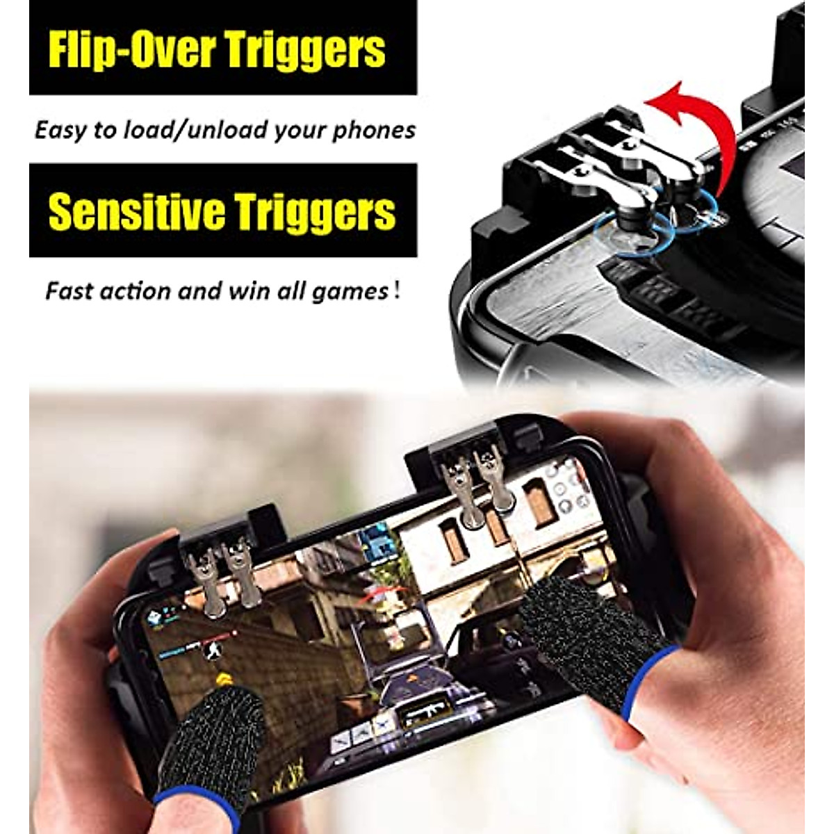 8 in 1 PUBG Mobile Phone Game Controller w/Cooling Fan, Cell Phone Gaming L2R2 L1R1 Triggers gamepad for PUBG/Fortnite/Call of Duty for 4.7-6.5" Android iOS Phone with 6pcs Finger Sleeves