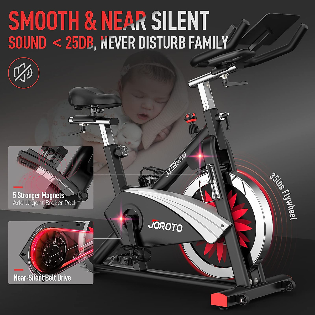 JOROTO X2PRO Bluetooth Exercise Bike, Stationary Indoor Cycling Bike with Readable 100 Levels Magnetic Resistance, Plus 12.6 inch Tablet Bracket