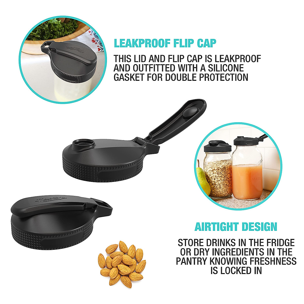 Masontops Multi Top Flip Cap Mason Jar Lid - Regular Mouth Mason Jar Pour Lids Small Mouth Mason Jar Lids Pour Spout and Flip Cap – Sip, Pour, Store & More - Leakproof Mason Jar Pour Spout Lid 2-Pack