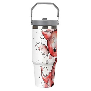 30oz Stainless Steel Insulated Tumbler with Flip Lid & Straw, Leakproof Travel Mug for Car, Ink Style Dragon Double Wall Vacuum Thermal Coffee Cup with Handle, Spill-Proof Design for Hot/Cold Drinks