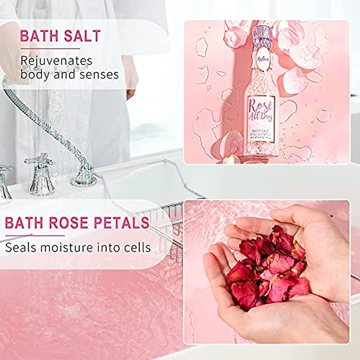 BFF LOVE 6Pcs Spa Gifts for Women, Bath Gift Set, Rose Gift Baskets for Women, Spa Kit with Essential Rose Oil, Bath Salt, Soap, Natural Petals, Mothers Day Gifts for Her