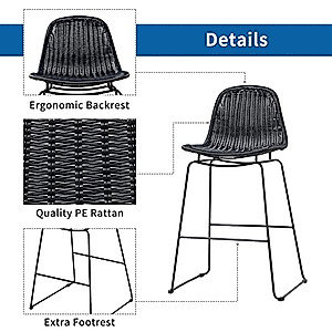 Verano Garden Patio Bar Stools Set of 4, Outdoor Wicker Bar Stools with Back Footrest, All-Weather Metal Frame for Garden Poolside Lawn Backyard