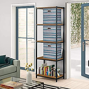 i BKGOO Cloth Storage Bins Set of 4 Thick Fabric Drawers Foldable Cubes Basket Organizer Container with Dual Metal Handles for Shelf Cabinet Bookcase Boxes Gray-Blue stripes 13x13x13 inch