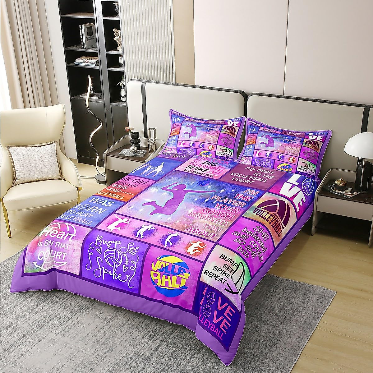 Volleyball Bedding Duvet Cover 100% Cotton Set Twin Size Sports Game Bedding Set for Kids Decor Volleyball Player Comforter Cover Set Purple Bedspread Cover Bedroom Bedclothes