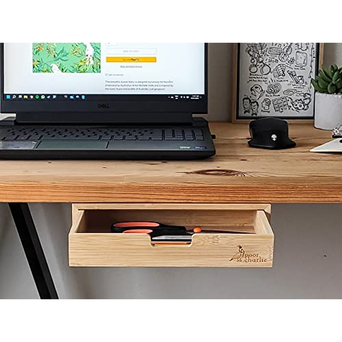 Poor Charlie Under Desk Drawer - Self Adhesive Bamboo Drawer - Sleek and Modern Design - Easy Installation - Compatible with Most Desks