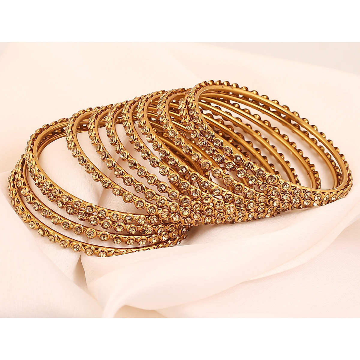 Touchstone "Golden Bangle Collection Yellow Rhinestone Traditional Single Line Stunning Indian Bollywood Designer Jewelry Metal Bangle Bracelets In Antique Gold Tone For Women. Set Of 12