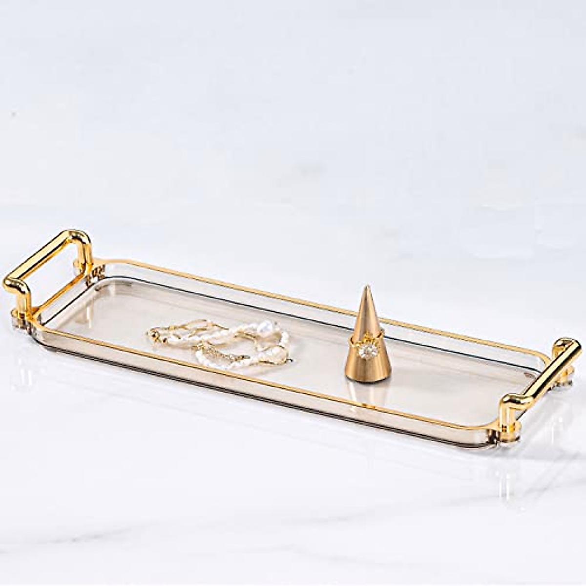 2 Pack Plastic Serving Tray with Gold Handles, 12 x 4 inch Clear Amber Decorative Tray with 1”Wall, Long Narrow Coffee Table Tray Rectangular Tea Tray Decor with Gold Rim for Bar, Party, S, Halyuhn