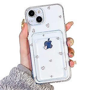 NITITOP Compatible for iPhone 13 Case Clear with Card Holder, Cute Heart Pattern Love Design for Women Girl, Protective Soft TPU Shock-Absorbing Wallet Case for iPhone 13-Pink Heart