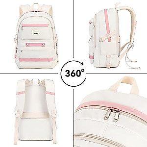 VIRTUREVI School Backpack for Girls Waterproof Laptop Backpack School Bag Bookbag for Teen Girls Cream